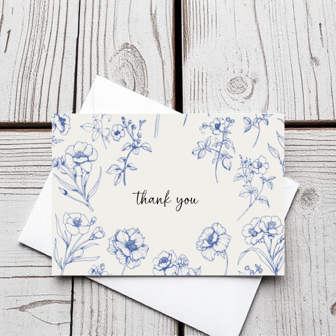 THANK YOU Vintage Blue Floral - Set of 5 Blank Notecards - Etsy