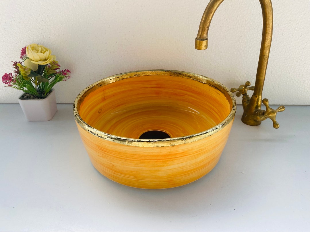 Orange Bathroom Sink Brushed Solid Brass Rimmed Basin Basin With Mid ...