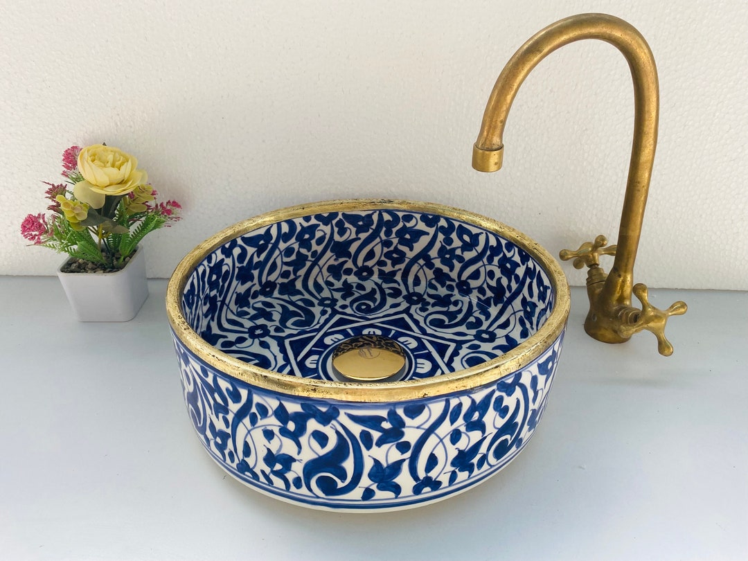 Brushed Solid Brass Rimmed Basin Blue Basin With Mid-century Modern ...