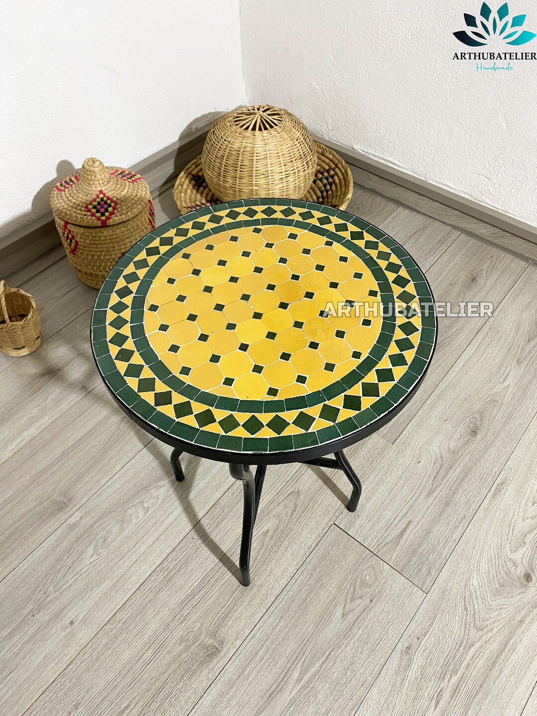 Emerald Green and Yellow Table Round Made From Mosaic for Outdoor ...