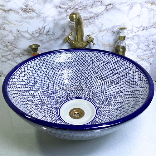 Ceramic Sink White & Blue / Bathroom Sink / Countertop Basin / | Etsy