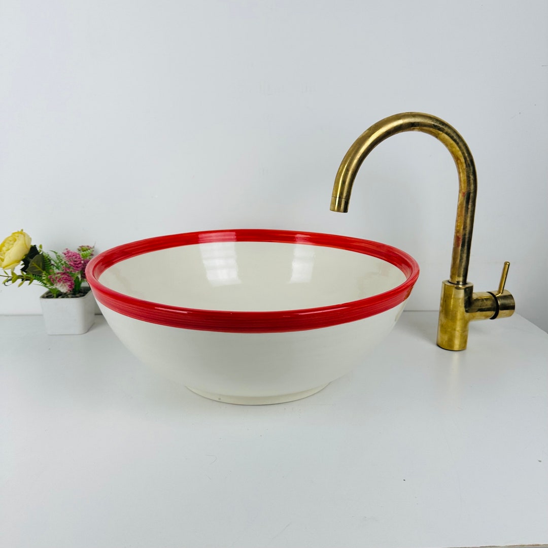 Red Rimmed Counter-top Bathroom Sink Custom Vessel Sink Modern Mid ...