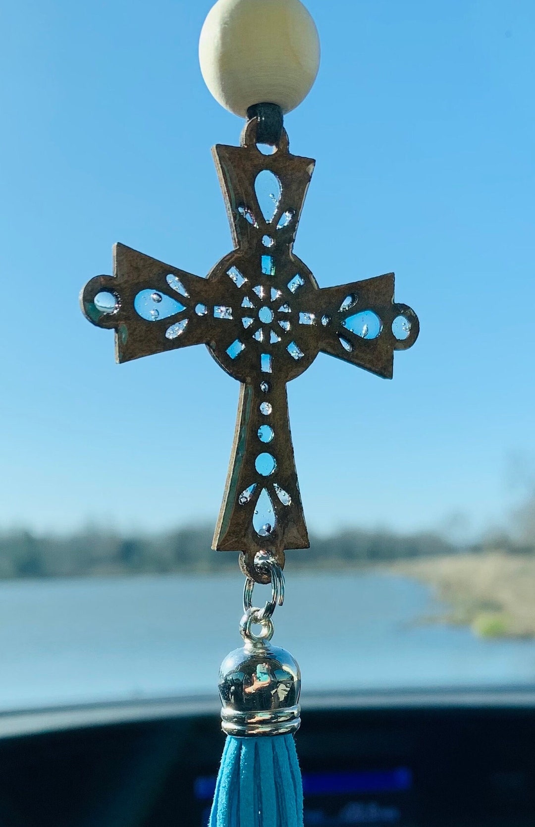 Cross Car Mirror Hangers Wood and Resin Rear View Mirror Accessory ...