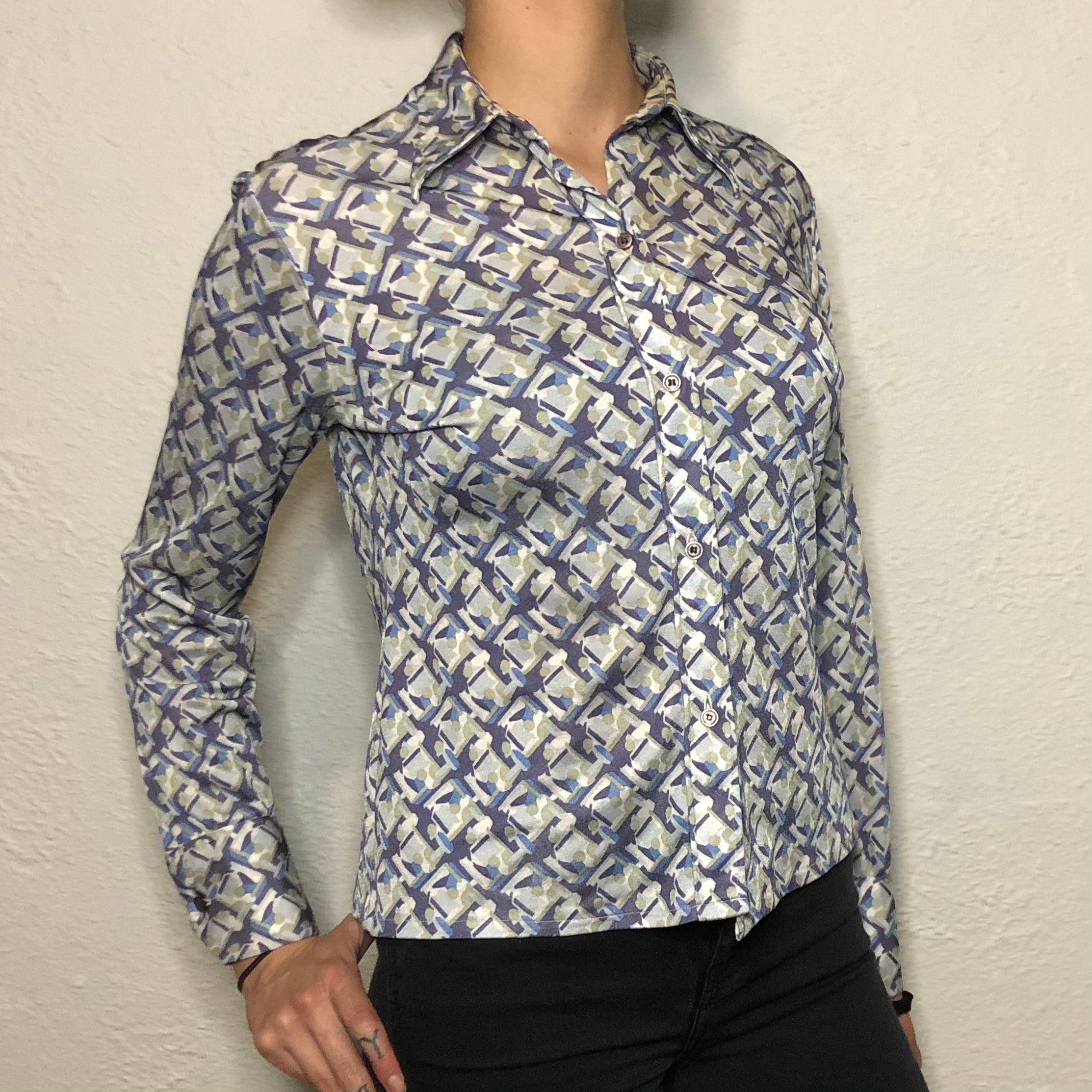 60s 70s Vintage Disco Button up Dagger Collar Top by Rodier - Etsy
