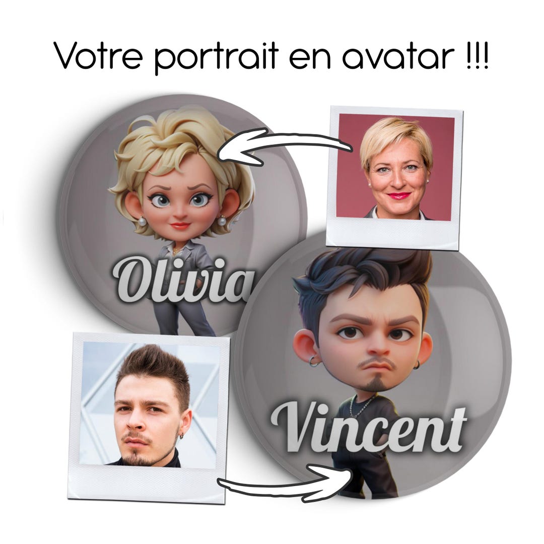 First Name Badge, Portrait Photo Fashion Avatar in 56mm - Etsy