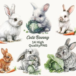 14 Cute Bunny Clipart Set, Watercolor Rabbit Clipart, Printable ...