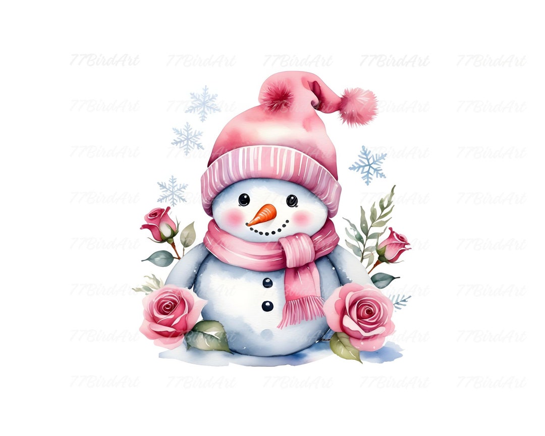 24 Pink Snowman Clipart, Printable Watercolor Clipart, High Quality ...