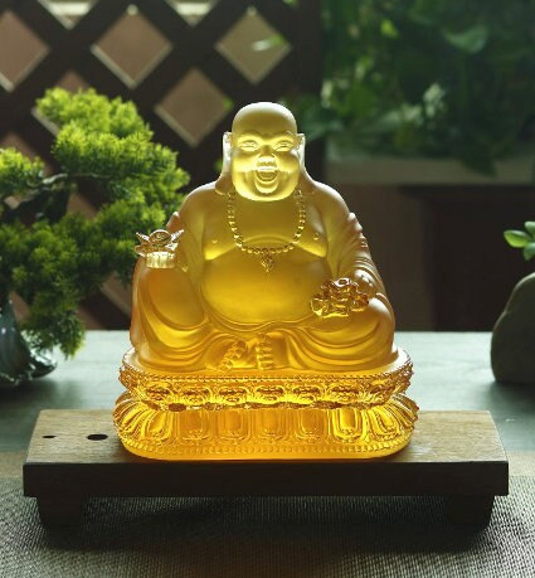 Liu Li Glass Amber Color Laughing Budda Statue Ornament Happiness ...