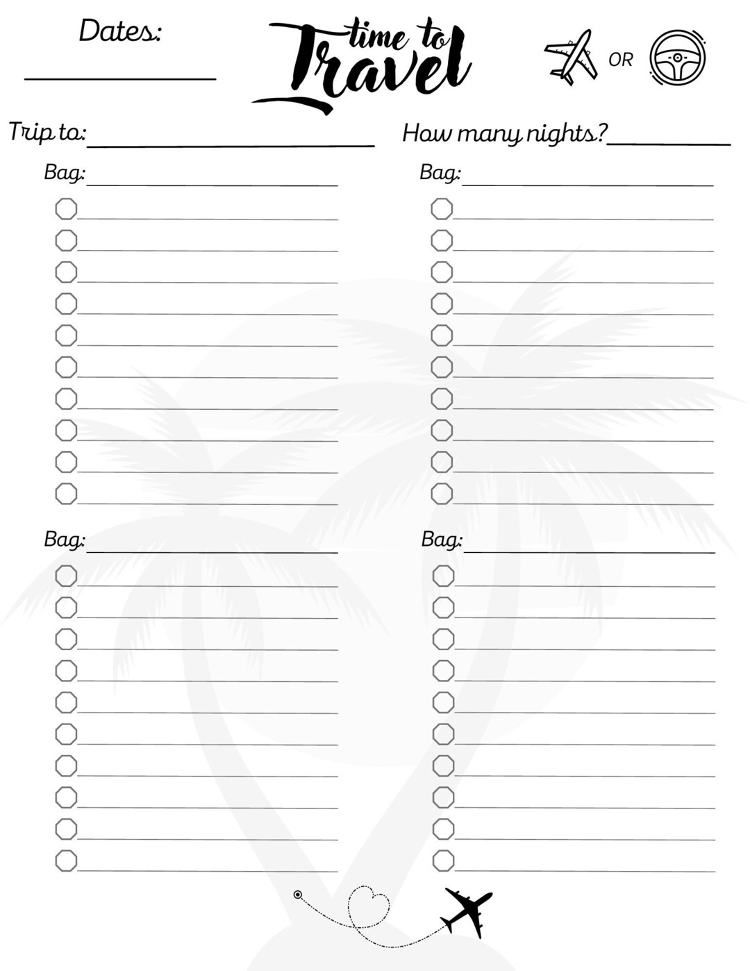 Palm Tree Travel Packing List Printable Editable - Etsy