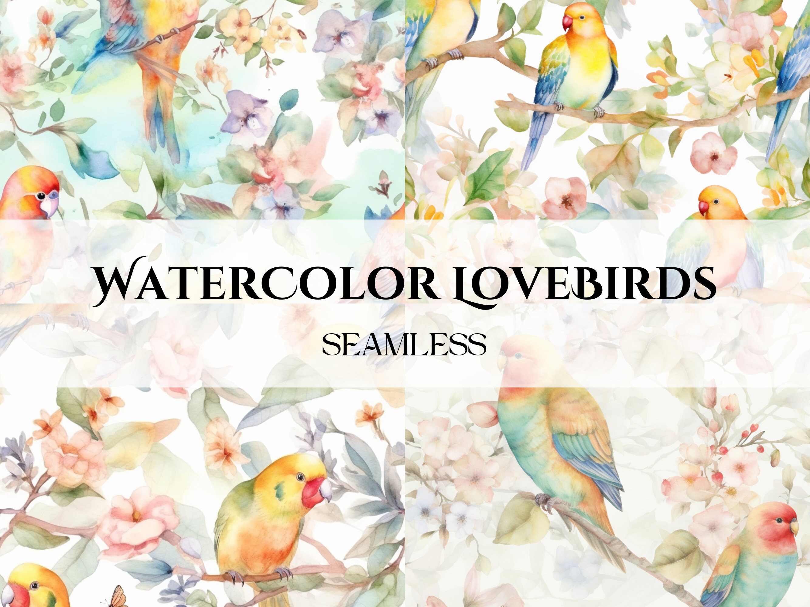 Lovebirds Digital Paper - SEAMLESS - Hand Drawn Watercolor Lovebird ...