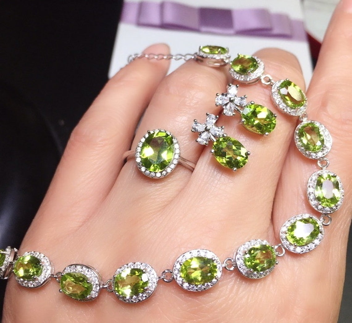 Natural Peridot Jewelry Set / Natural Peridot Ring Earrings Bracelet ...
