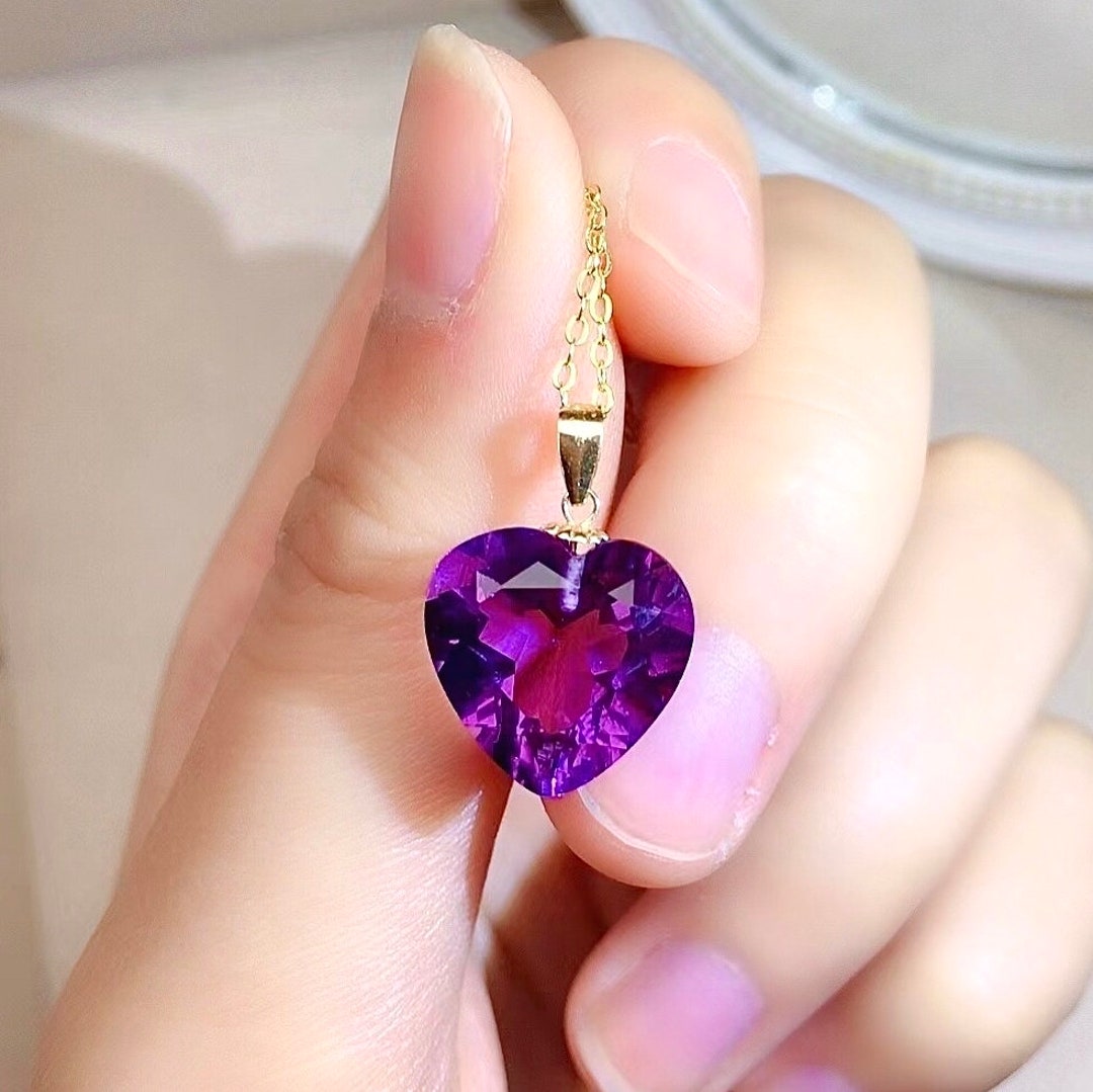 18K Yellow Gold Natural Amethyst Heart Pendant / Natural Amethyst ...
