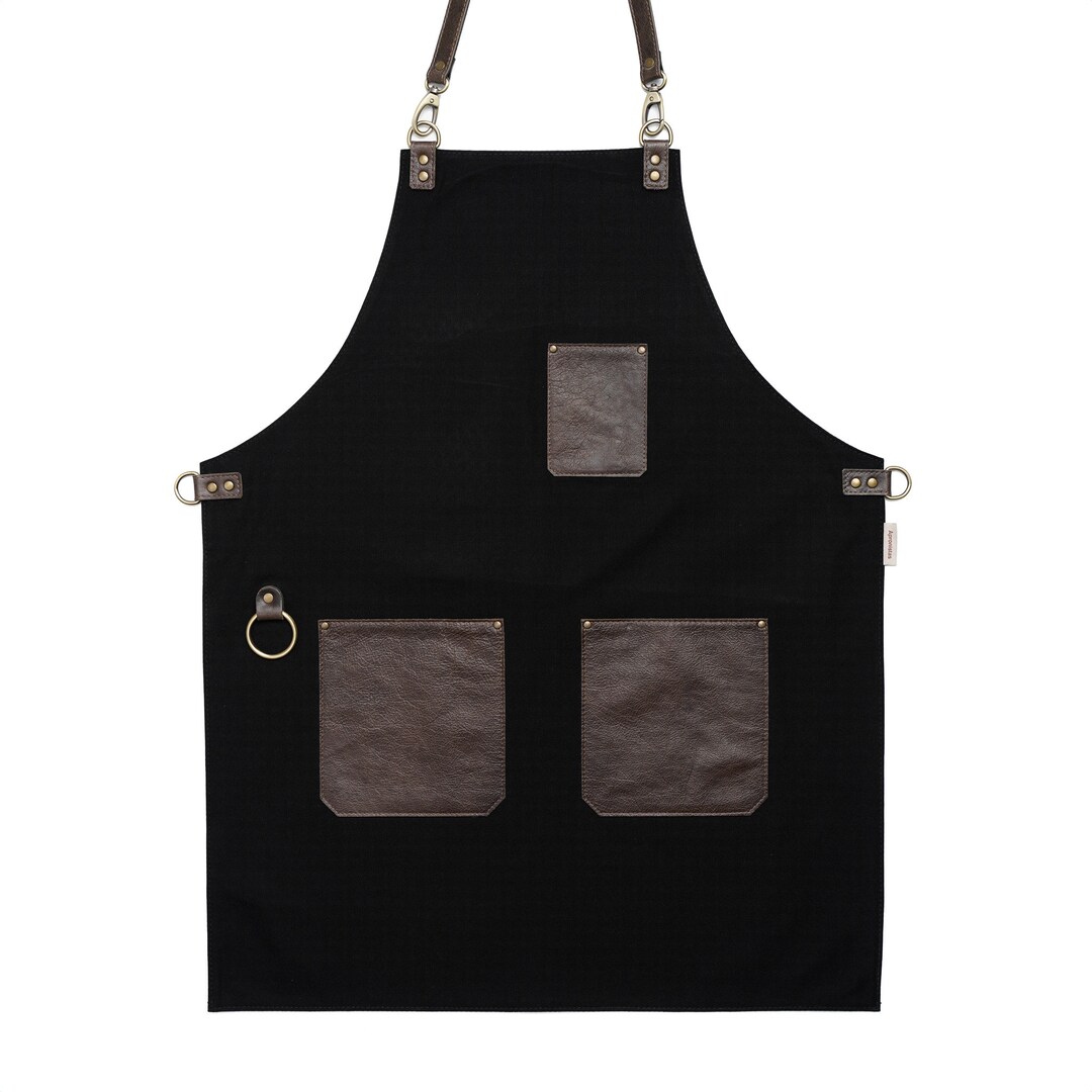 Black Apron, Cooking Apron for Men, Apron With Brown Pockets, Crossback ...
