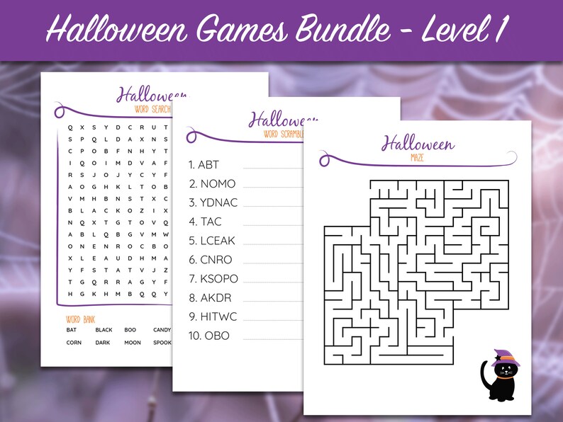 Halloween Printable Word Games - Level 1 | Word Search | Word Scramble ...