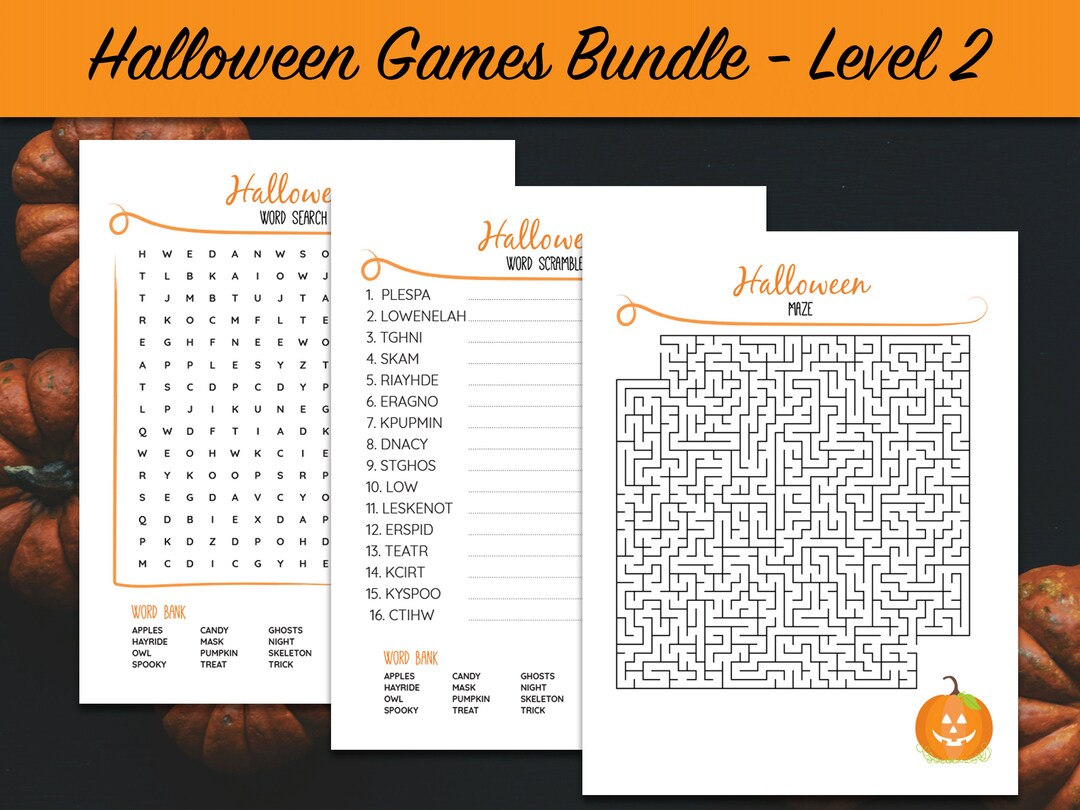 Halloween Printable Word Games - Level 2 | Word Search | Word Scramble ...