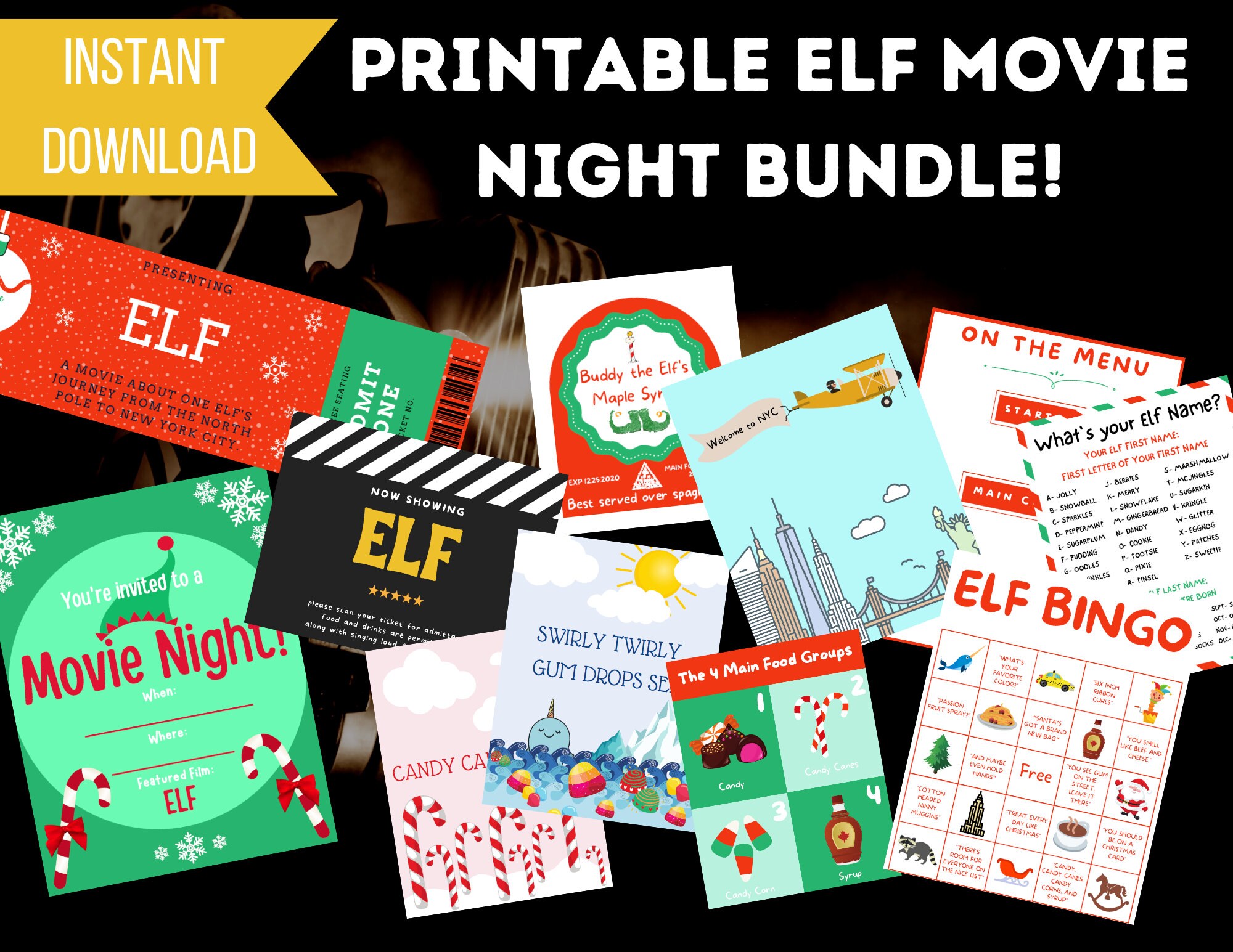 Elf Movie Night Printable Bundle: Bingo, Tickets, Menu (PDF Download ...