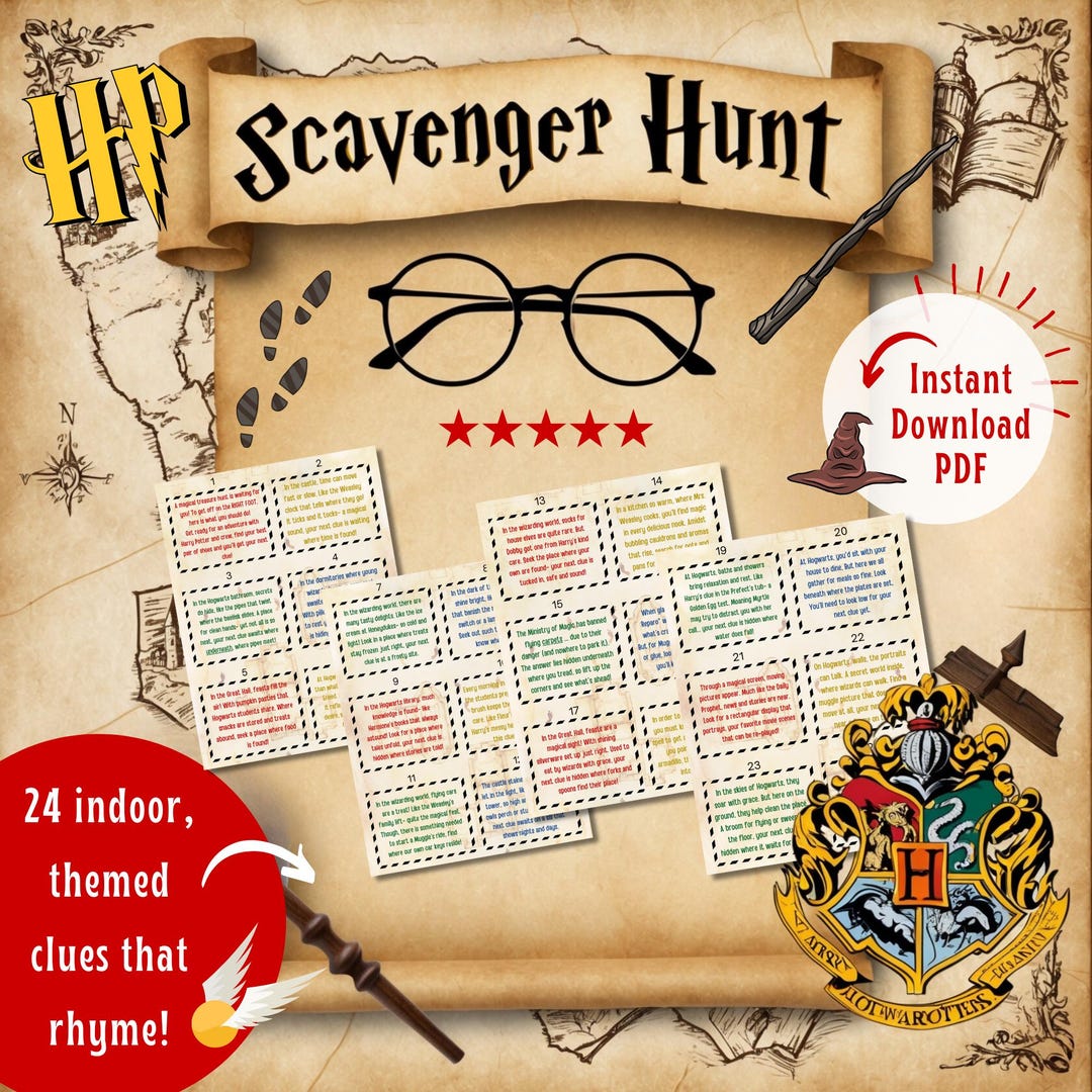 Wizard Scavenger Hunt ! 24 INDOOR Clues + Final Sign - Rhyming, Themed ...
