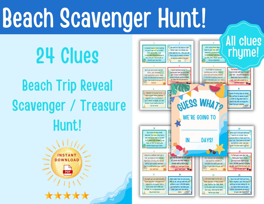 Beach Trip Reveal Scavenger / Treasure Hunt ! 24 Rhyming, Indoor Clues ...