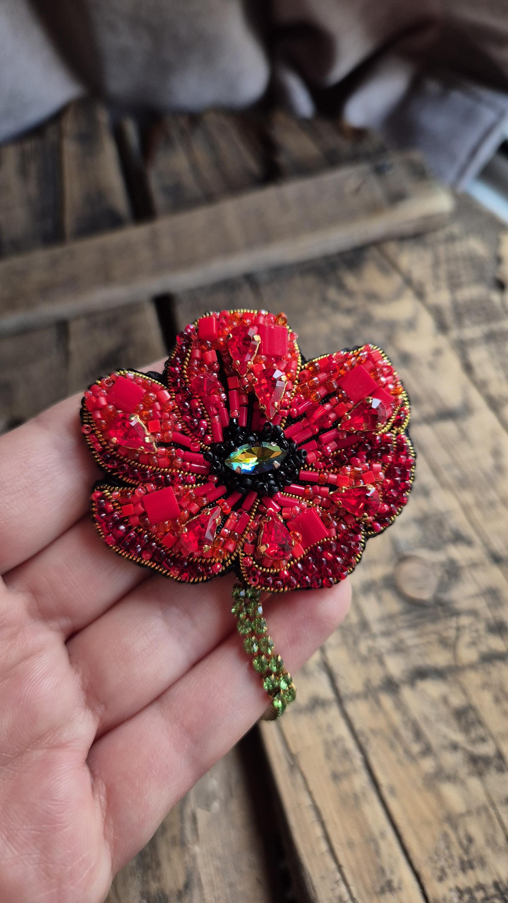 Red Poppy Beaded Brooch – Handmade Flower Pin Gift for Her, Remembrance ...