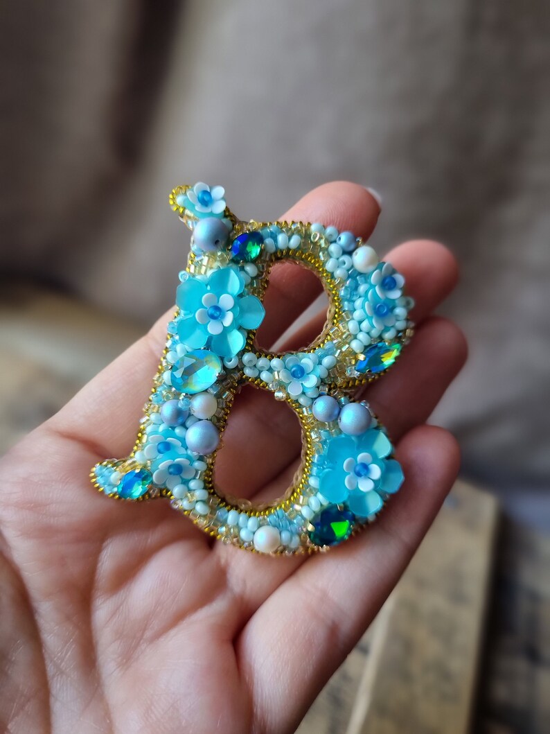 Beaded Letter Brooch, Blue Letter B Pin, Name Brooch, İnitial Letter ...