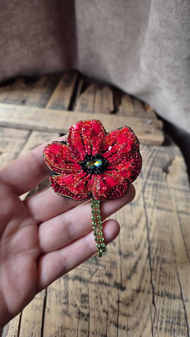 Red Poppy Beaded Brooch – Handmade Flower Pin Gift for Her, Remembrance ...