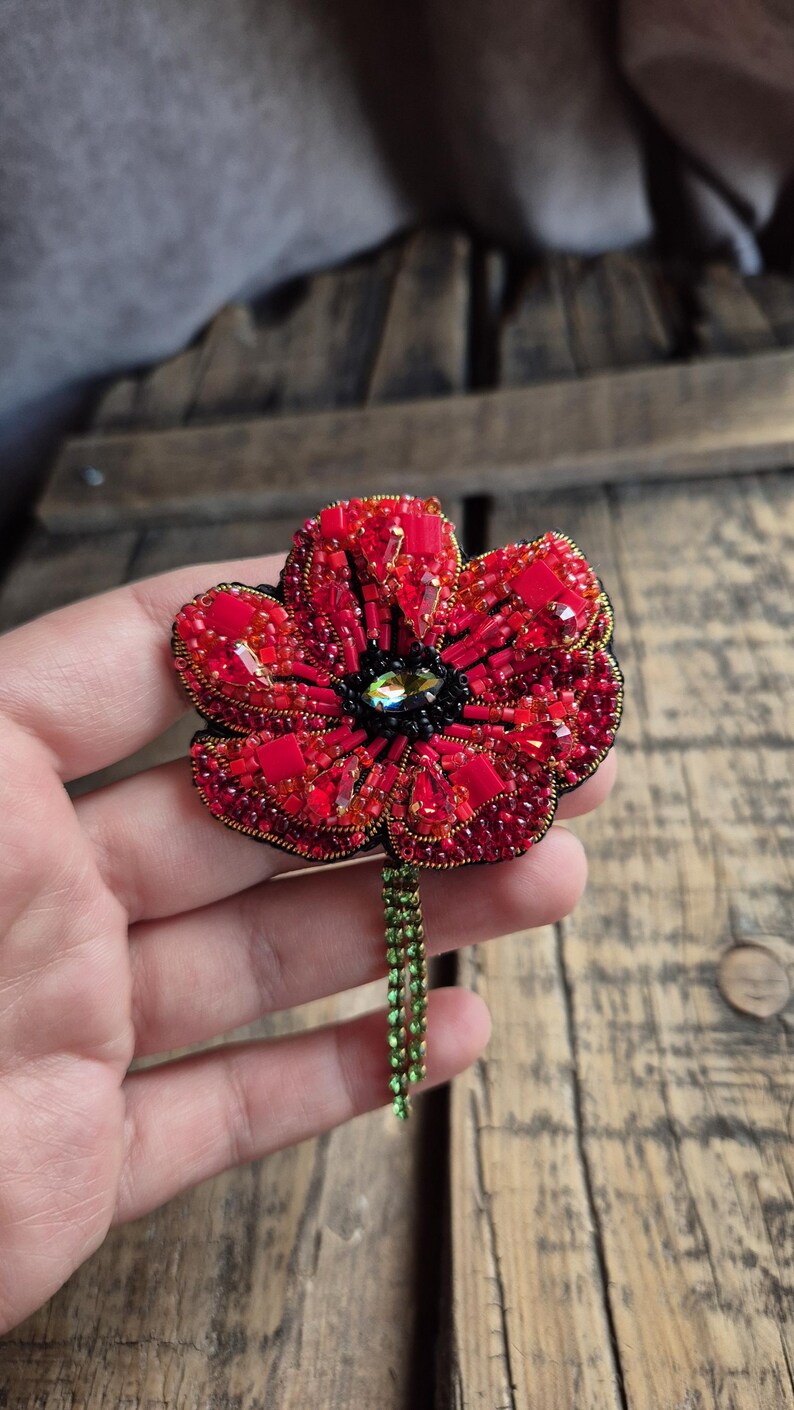 Red Poppy Beaded Brooch – Handmade Flower Pin Gift for Her, Remembrance ...