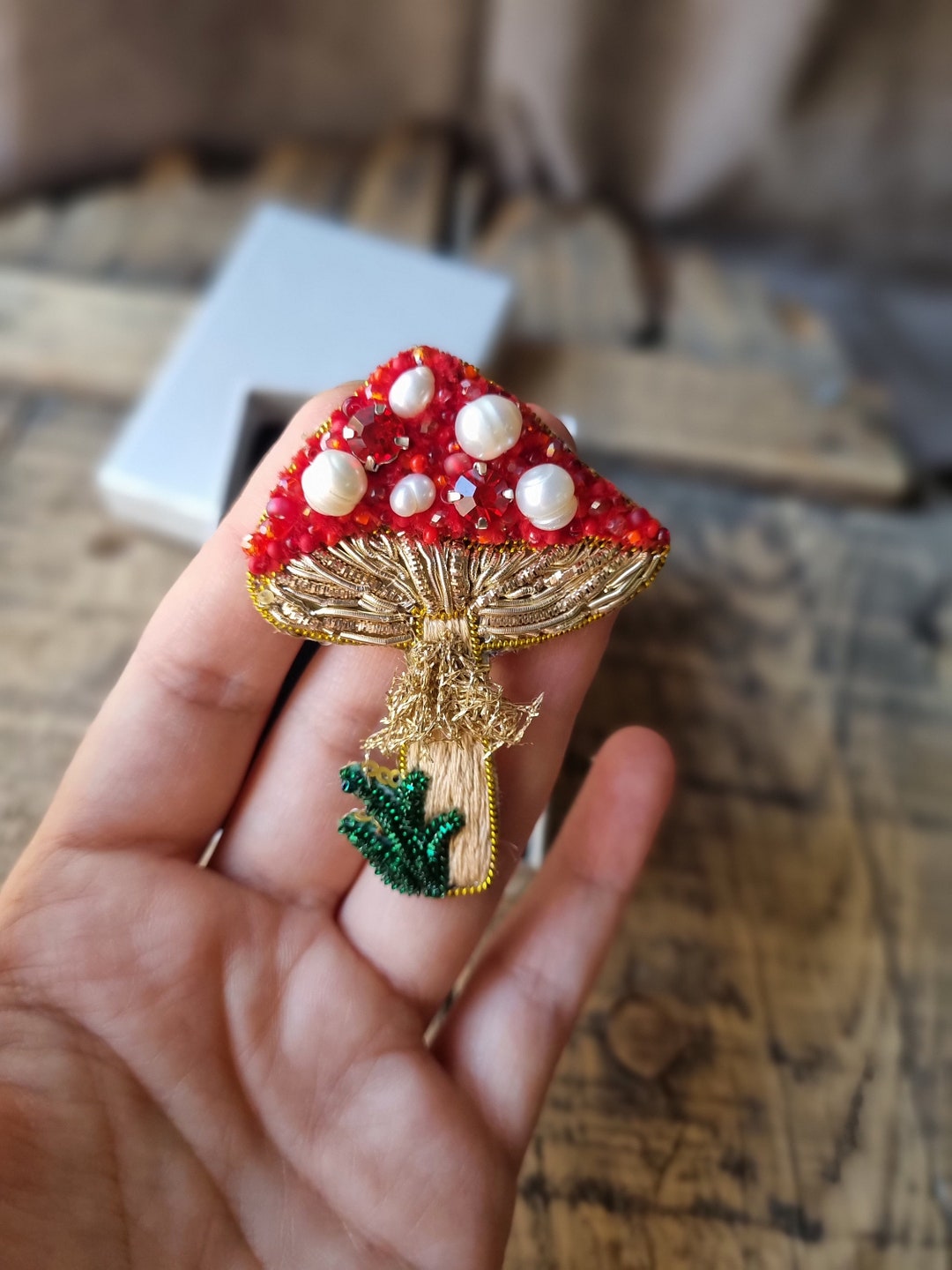 Mushroom Brooch, Gift for Her, Beaded, Crystal Jewelry, Handmade Brooch ...