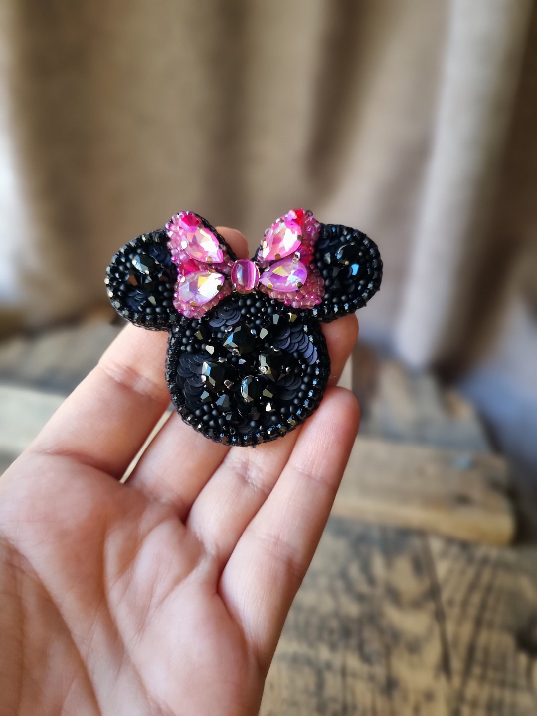 Beaded Minnie Mouse Brooch , Handmade Minnie Mouse Pin , Black Mouse ...