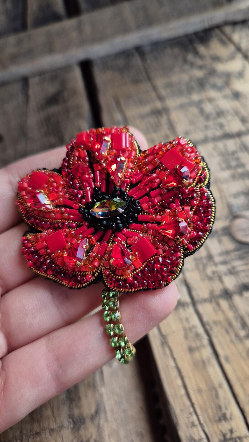 Red Poppy Beaded Brooch – Handmade Flower Pin Gift for Her, Remembrance ...