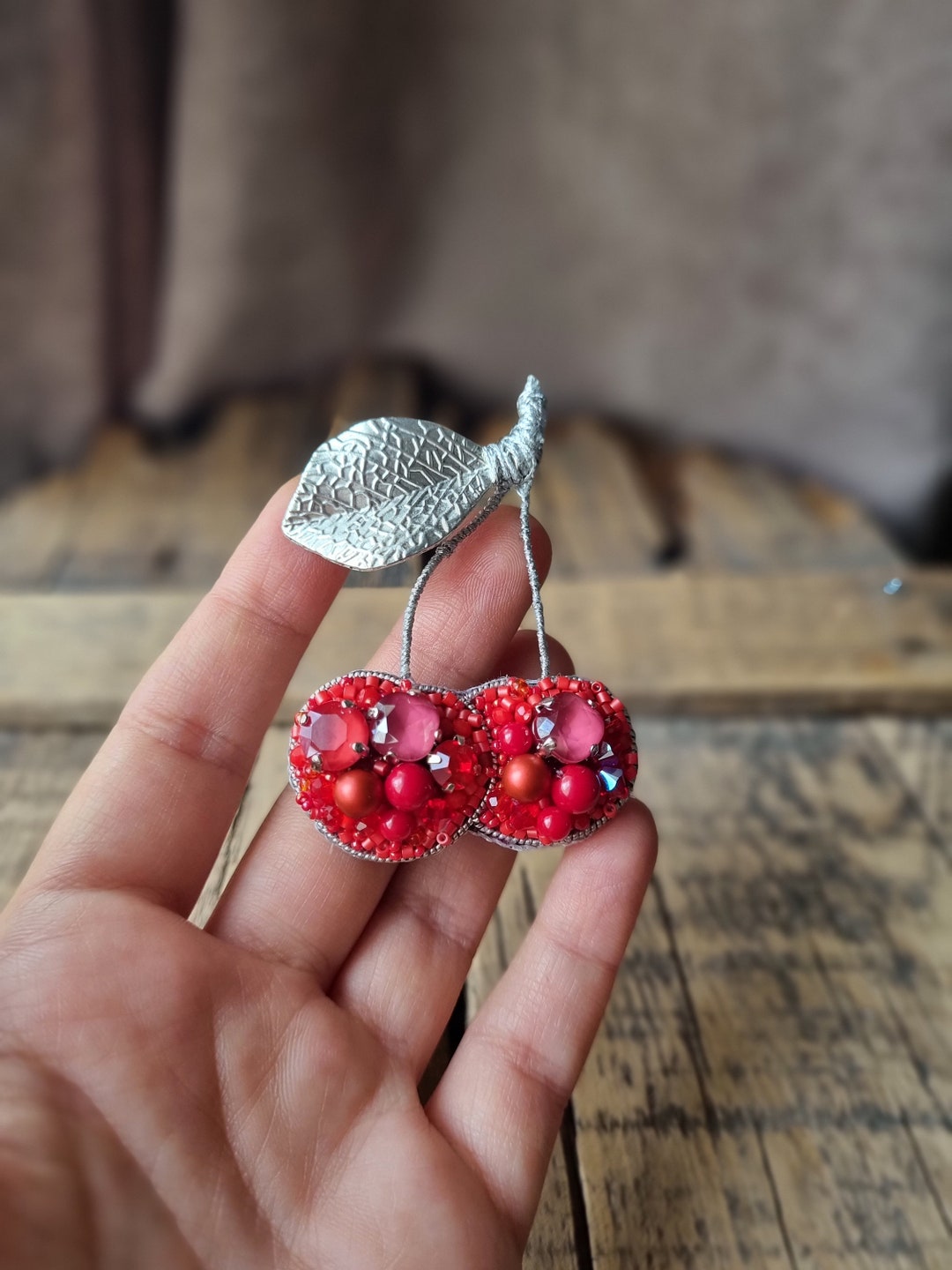 Beaded Cherry Brooch - Handmade Red Fruit Jewelry, Cute Gift for Her ...