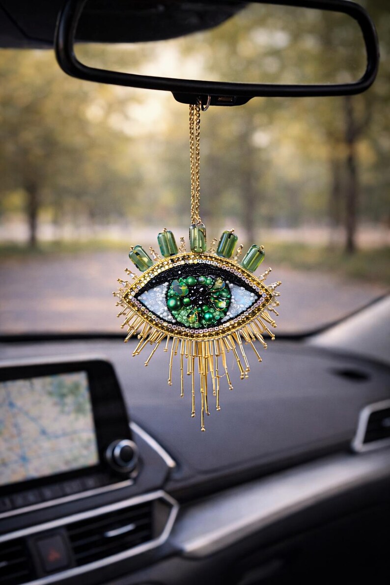 Handmade Beaded Evil Eye Car Ornament: Gold Green Protective Charm ...