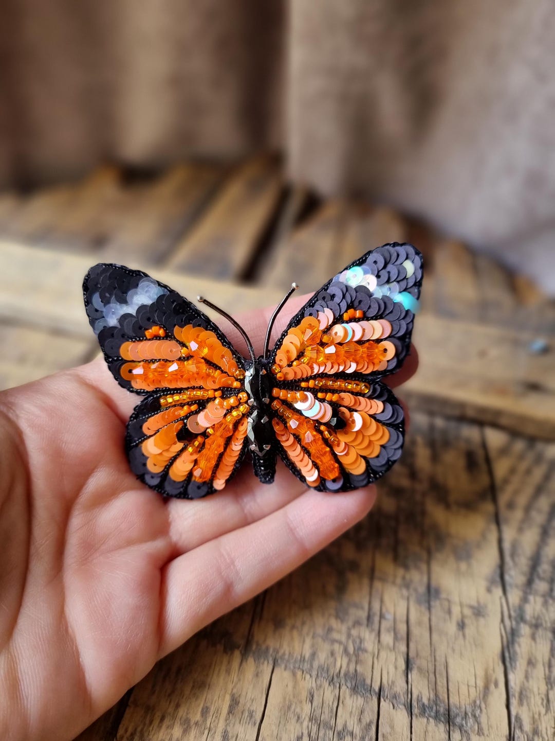 Handmade Orange and Black Butterfly Brooch – Beaded Butterfly Pin ...