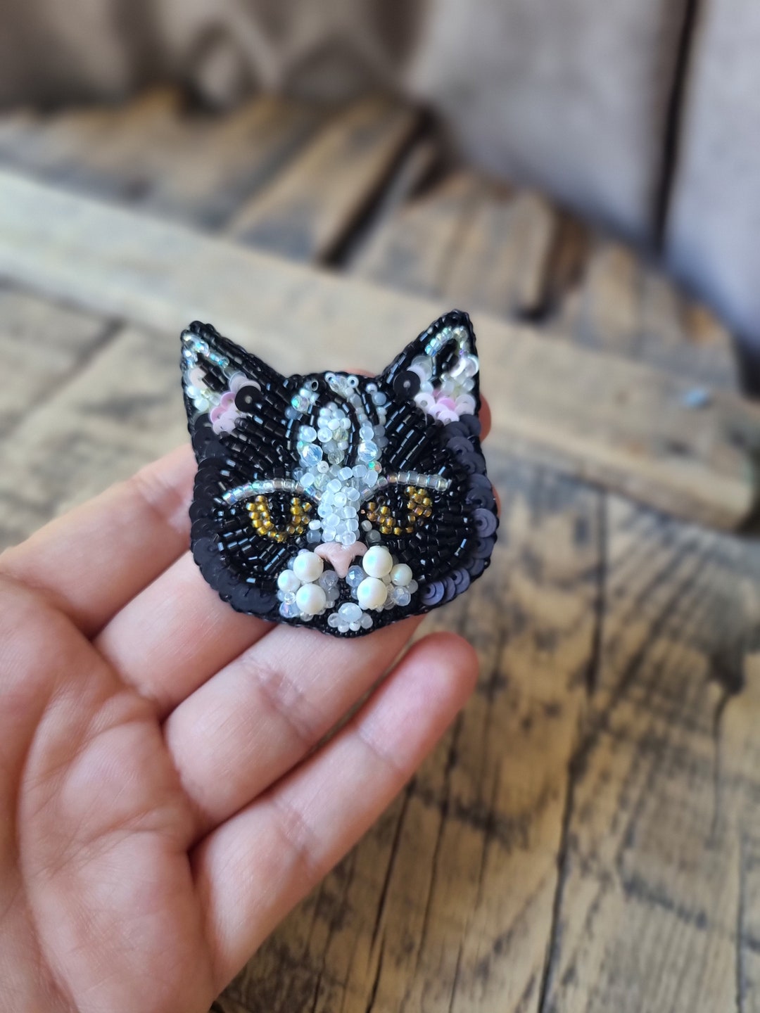 Handmade Beaded Cat Brooch – Black and White Cat Pin – Unique Gift for ...