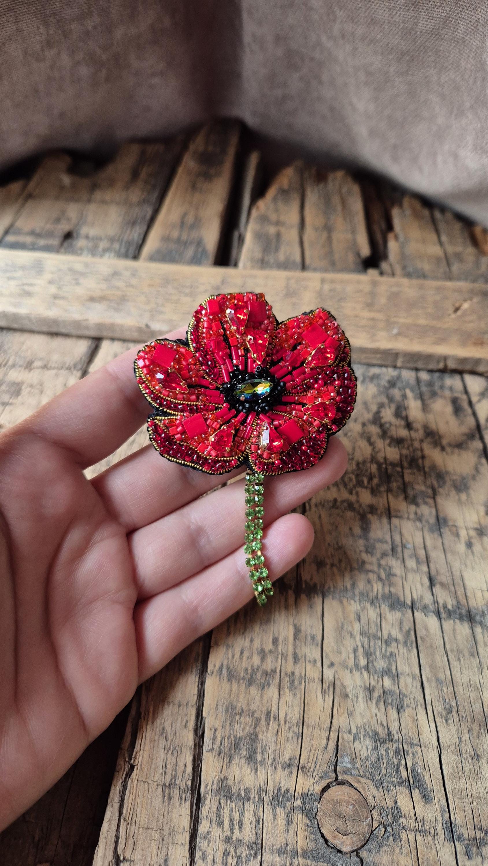 Red Poppy Beaded Brooch – Handmade Flower Pin Gift for Her, Remembrance ...