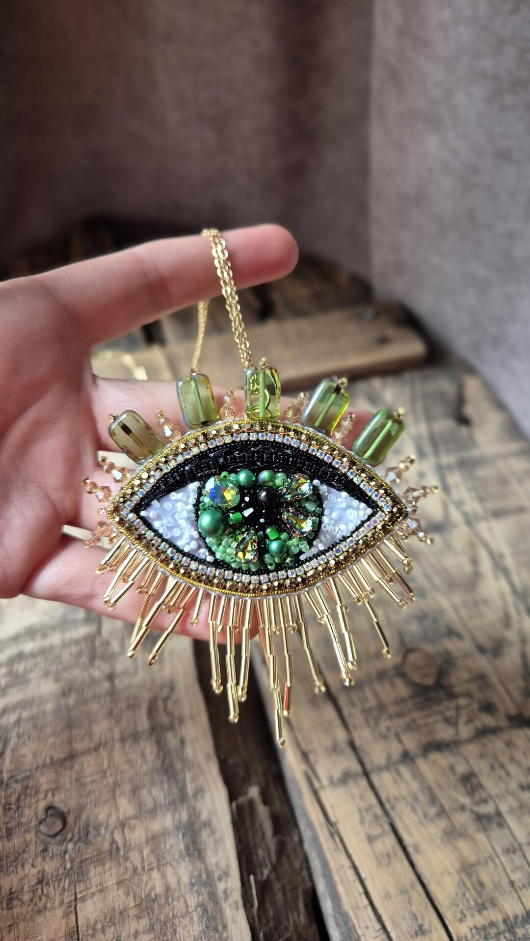 Handmade Beaded Evil Eye Car Ornament: Gold Green Protective Charm ...