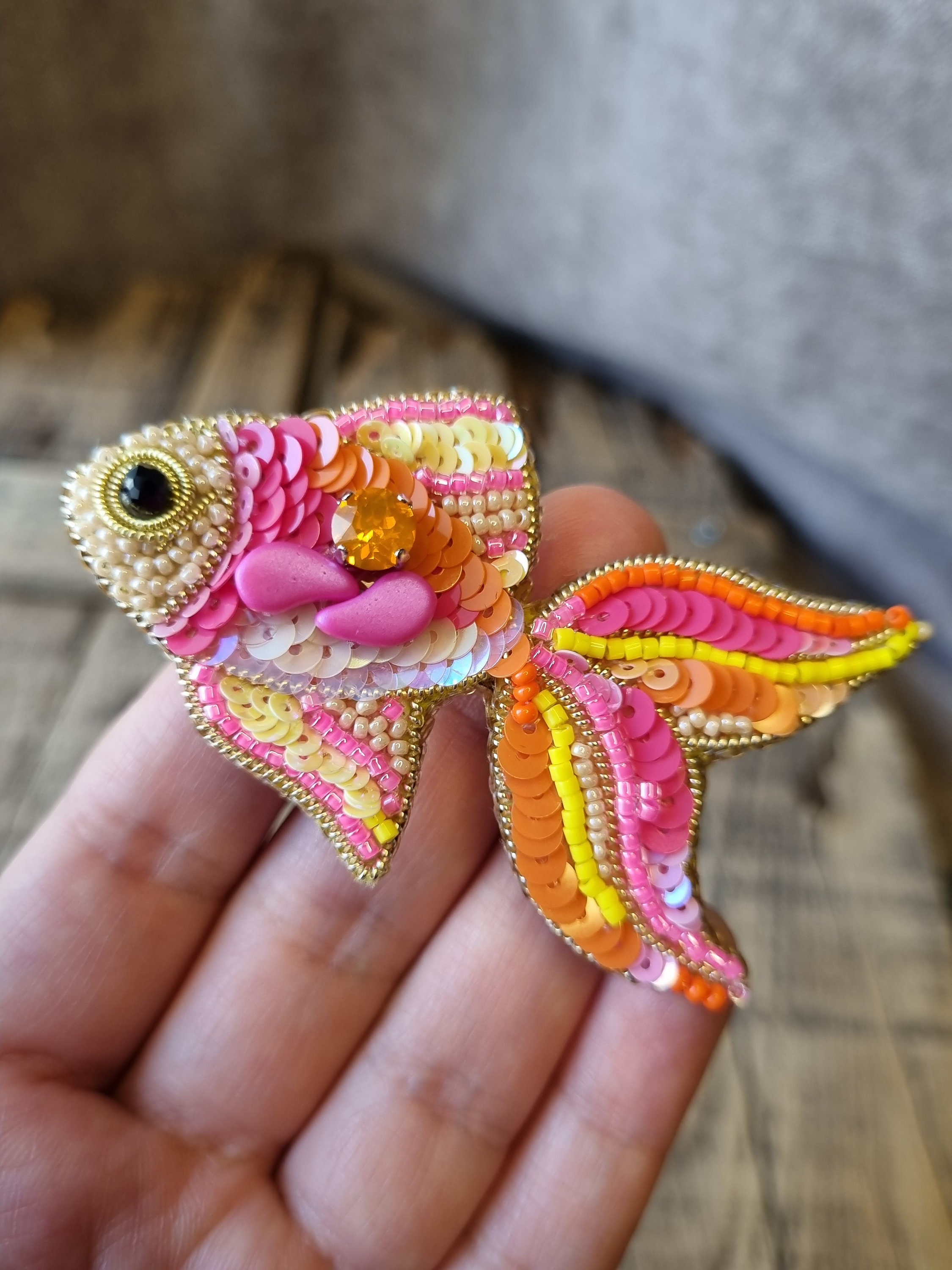 Beaded Fish Brooch, Pink Fish Pin, Embroidered Sea Animal, Beach ...