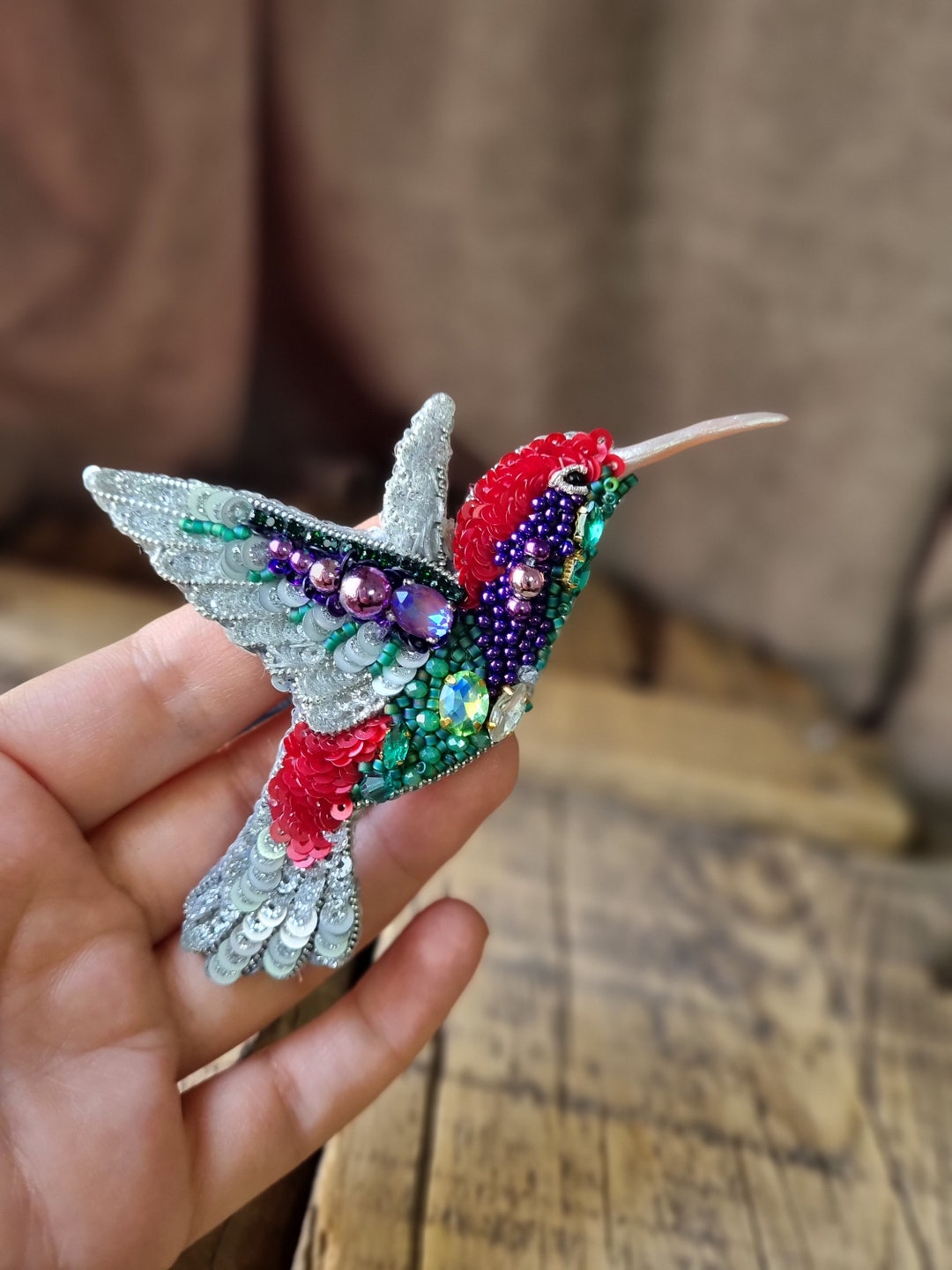 Handmade Hummingbird Brooch, Beaded Bird Pin , Embroidered Bird Badge ...