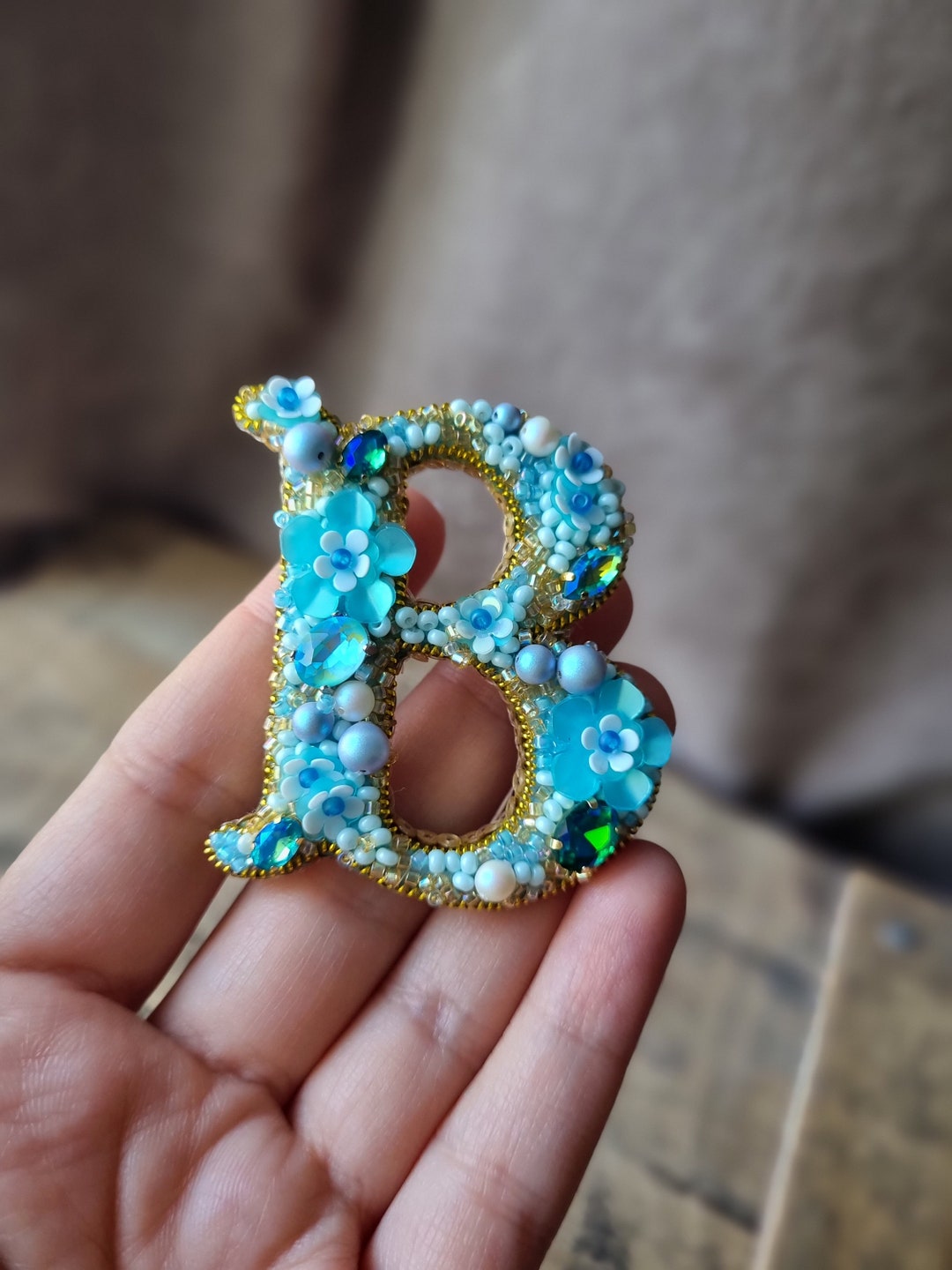 Beaded Letter Brooch, Blue Letter B Pin, Name Brooch, İnitial Letter ...