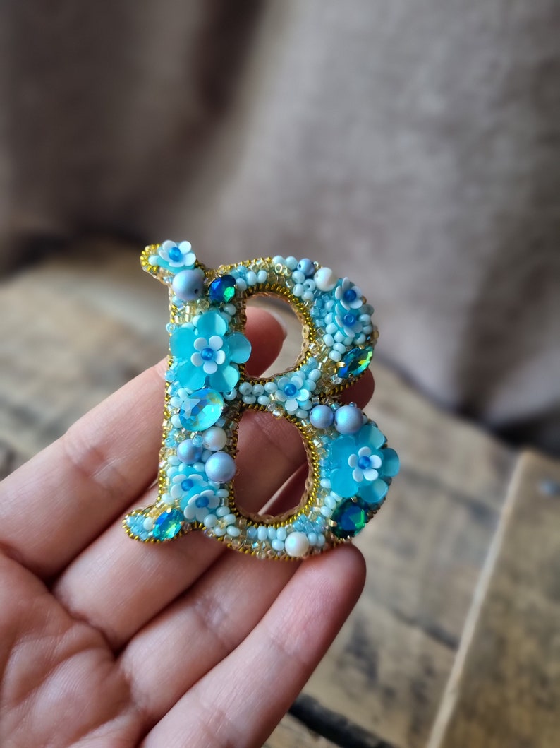 Beaded Letter Brooch, Blue Letter B Pin, Name Brooch, İnitial Letter ...
