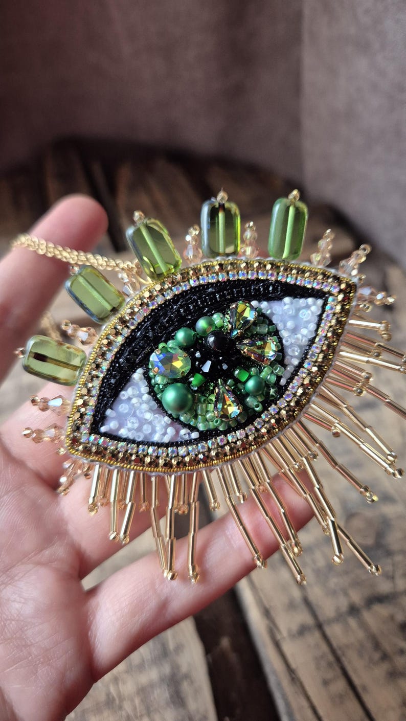Handmade Beaded Evil Eye Car Ornament: Gold Green Protective Charm ...