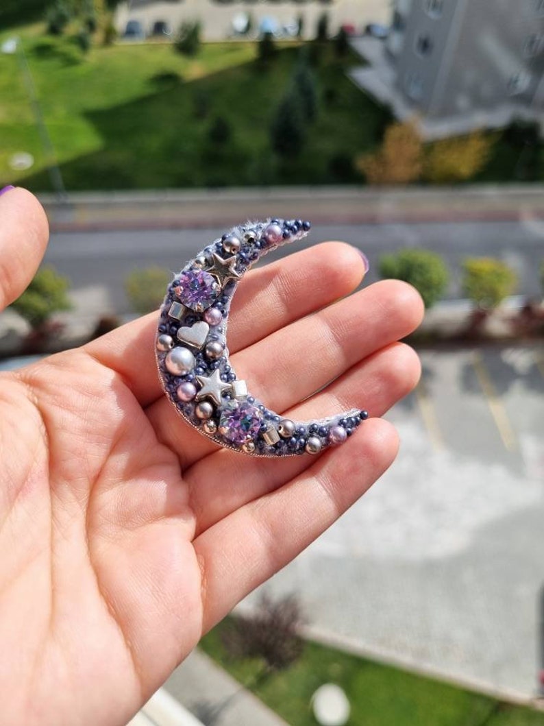 Handmade Moon Brooch Moon Jewelry Celestial Embroidered - Etsy