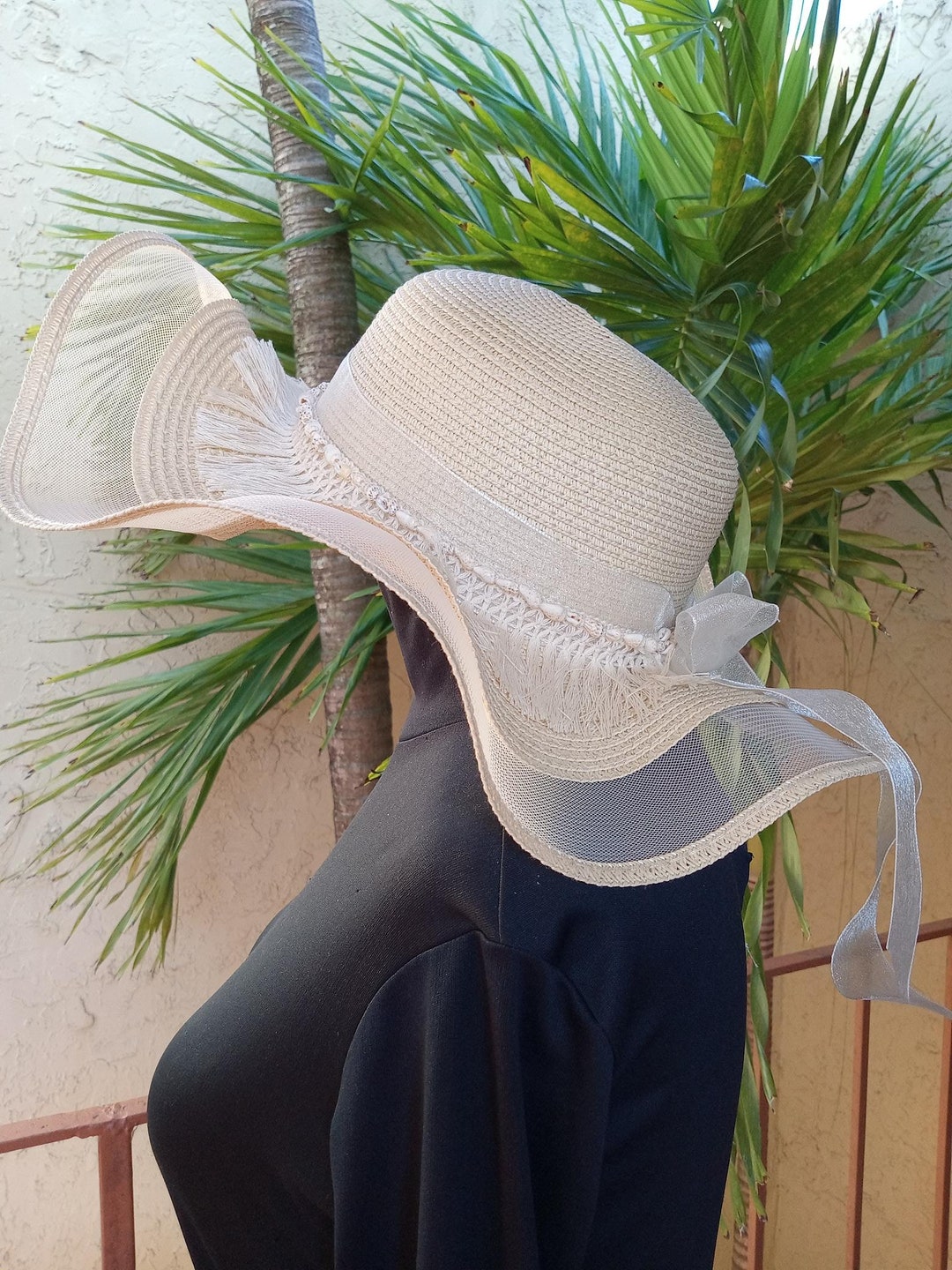 Wide Brim Beach Hat | Summer Natural Shells Ivory Stripe Hat for Ladies ...