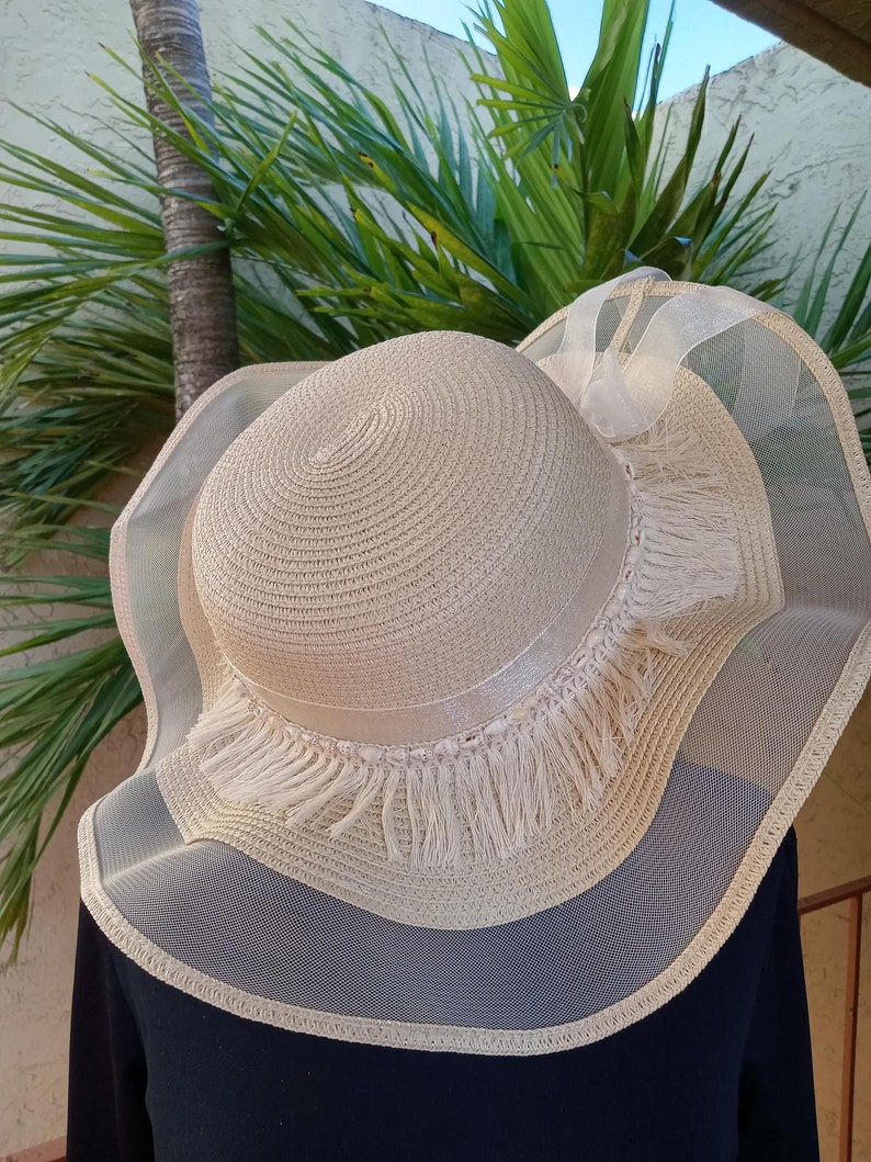 Wide Brim Beach Hat | Summer Natural Shells Ivory Stripe Hat for Ladies ...