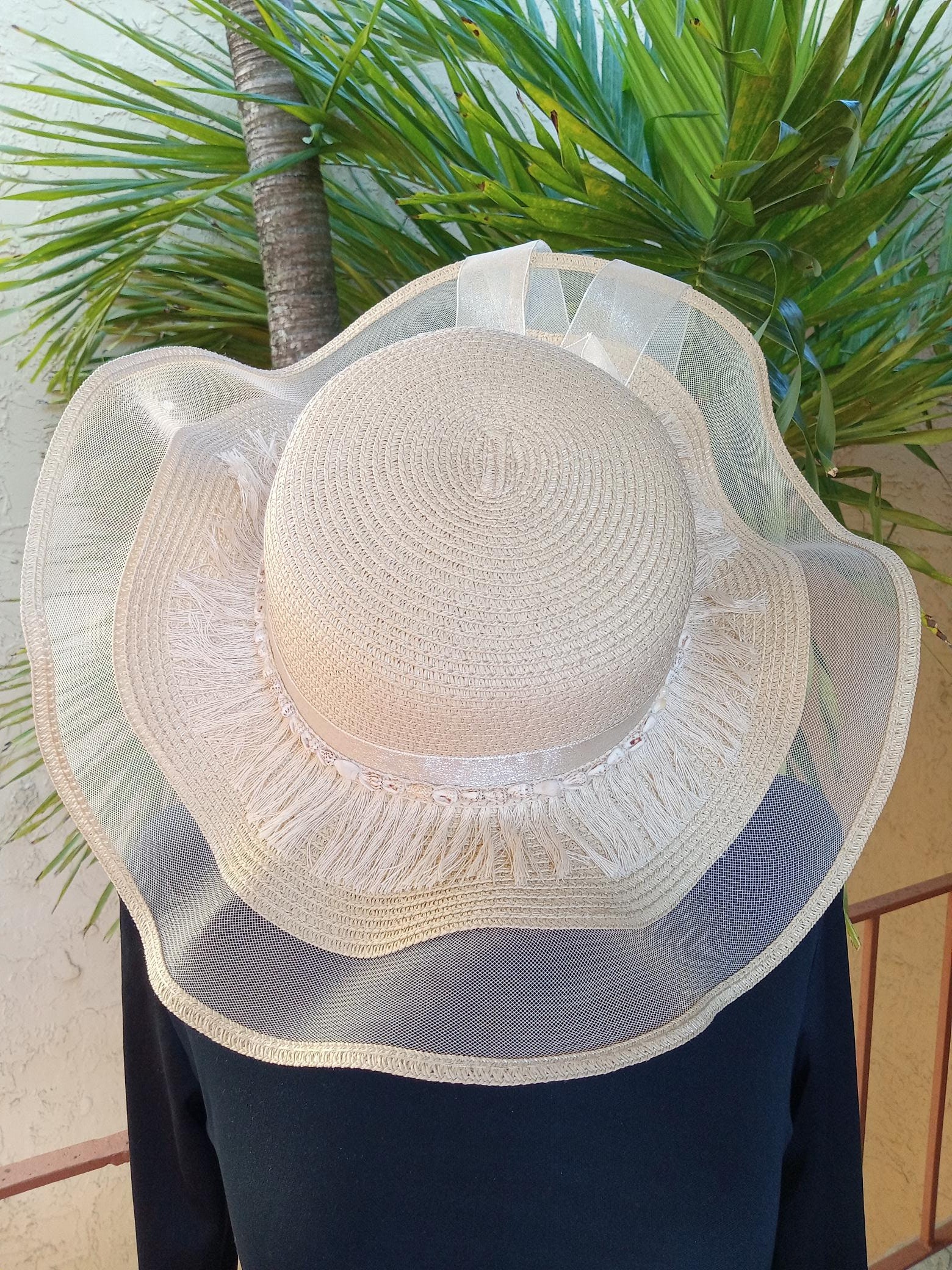 Wide Brim Beach Hat | Summer Natural Shells Ivory Stripe Hat for Ladies ...