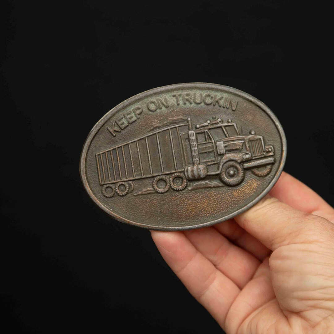 Vintage Oval Keep on Truckin' Brass Belt Buckle - 2D Semi Truck Design ...