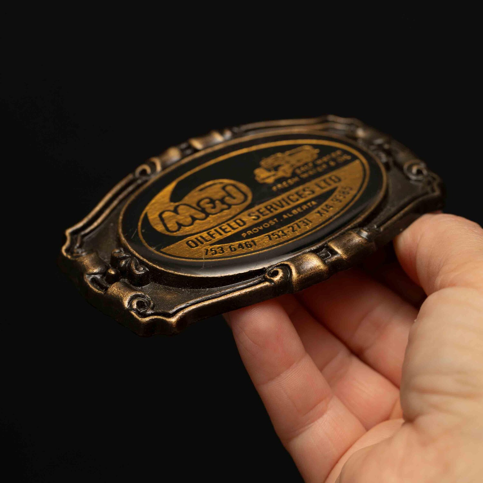 Vintage M&J Oilfield Services Belt Buckle - Black Resin Scroll Frame - Etsy