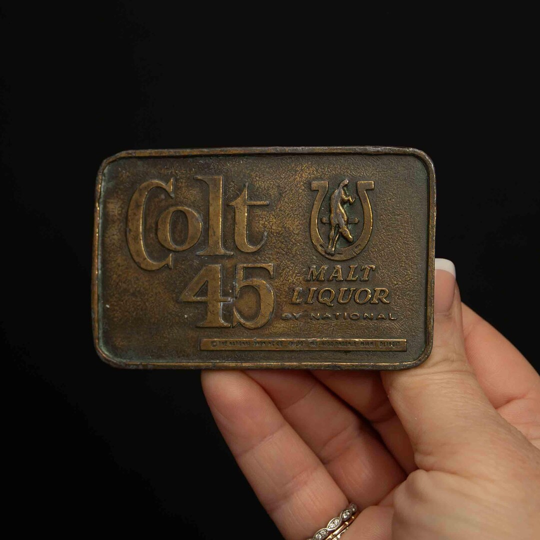 Vintage Colt 45 Malt Liquor Belt Buckle, Bergamot Brass Works 1974 ...