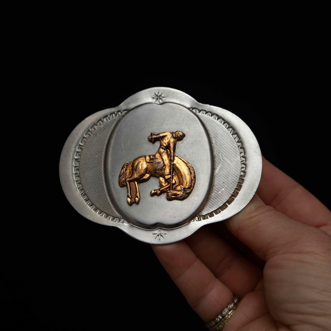 Vintage Silver & Gold Tone Belt Buckle – Made in Japan – Bucking Bronco ...