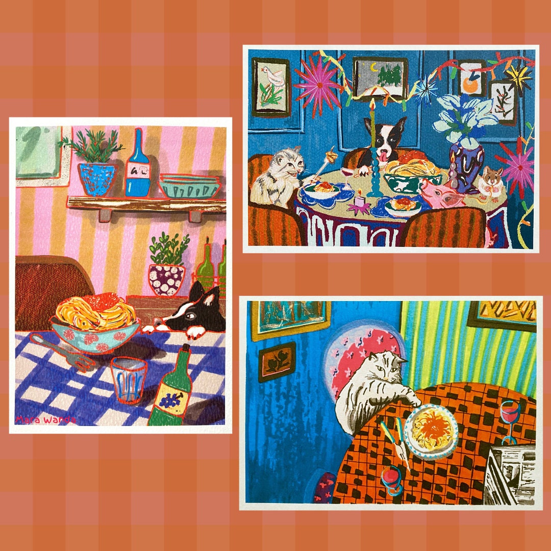 A5 Dinner Wall Art Set of 3 Prints, Cat and Doggo Eating Pasta With All ...