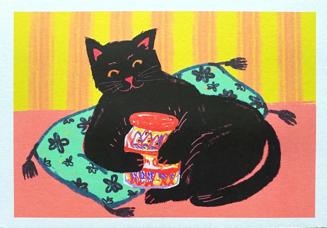 Cheeky Black Cat With Jar of Sardines- Quirky and Vibrant Wall Hanging ...